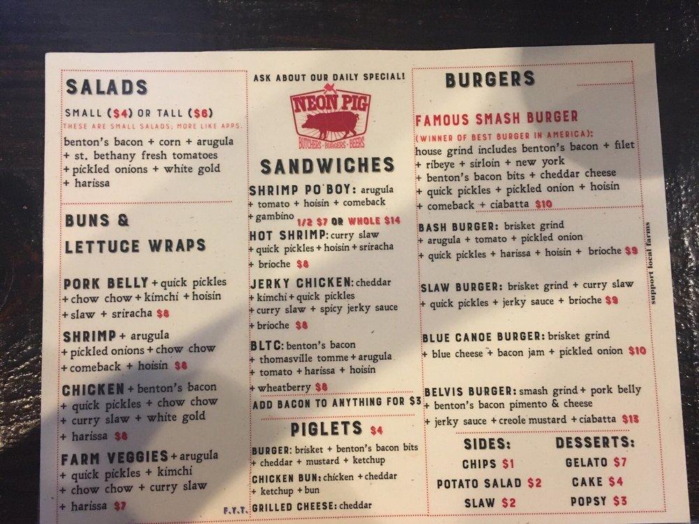 Menu at Neon Pig Tupelo cafe, Tupelo