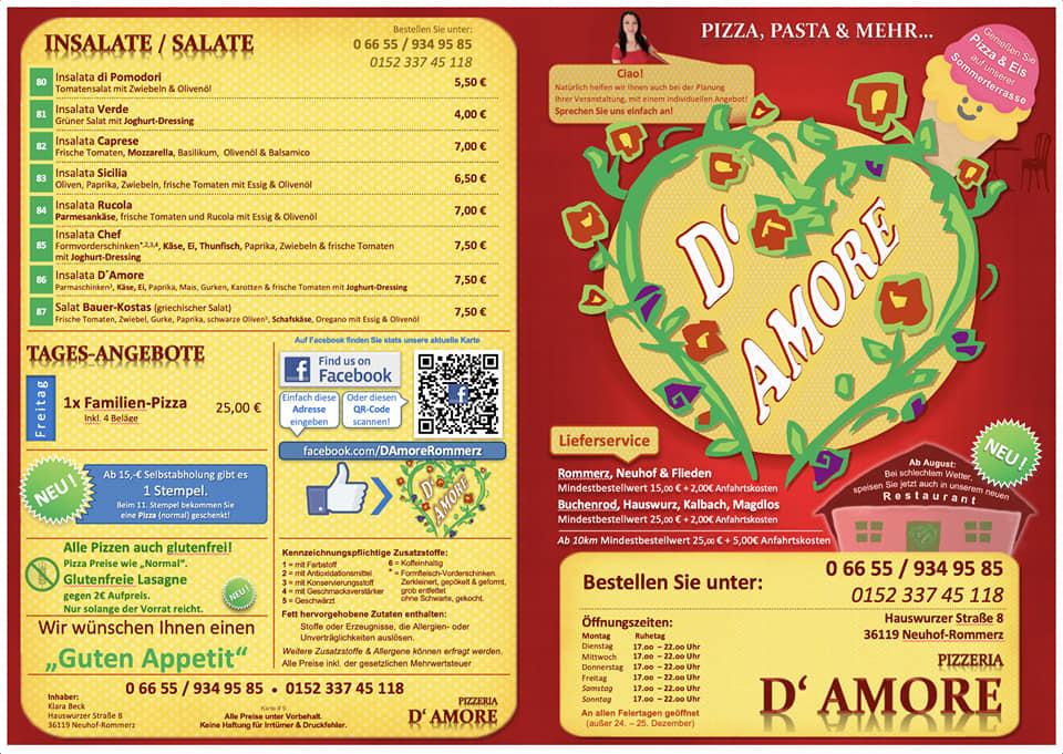 Menu at Pizzeria D' Amore, Neuhof