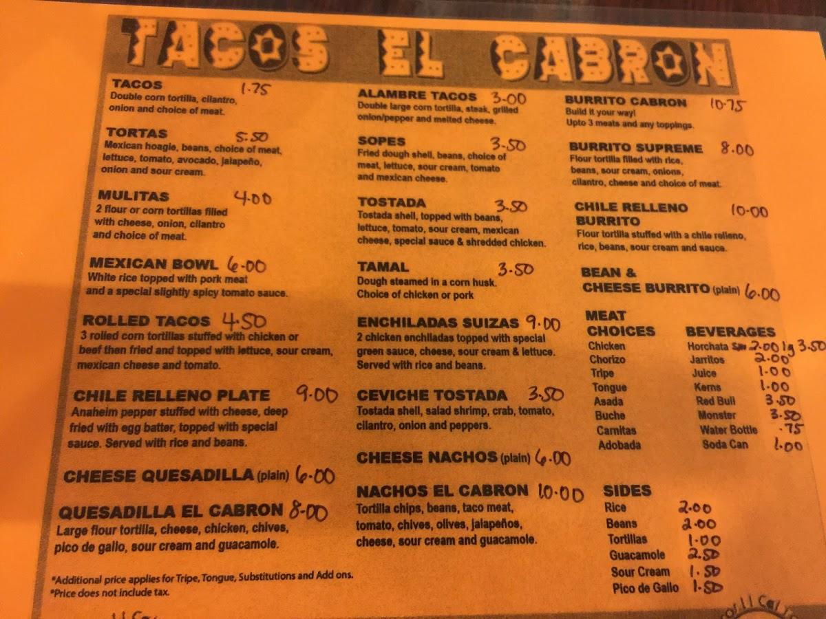Menu at Tacos El Cabron LLC pub & bar, Spokane Valley