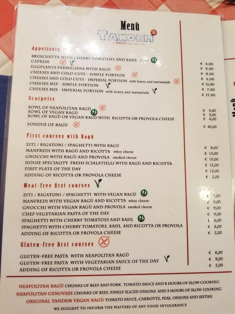 Menu at Tandem - Via Paladino restaurant, Naples, Via Giovanni Paladino