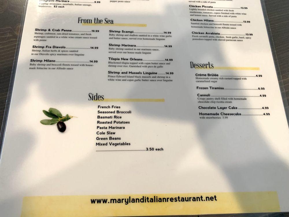 Menu at The Olive Tree restaurant, Glen Burnie