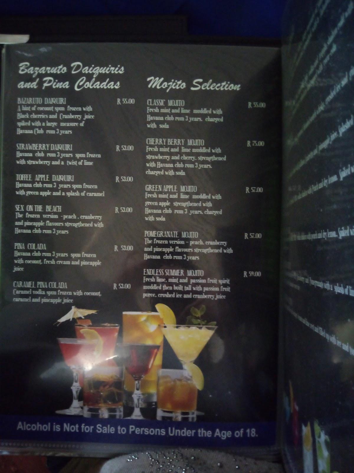Menu at Adega restaurant, Nelspruit