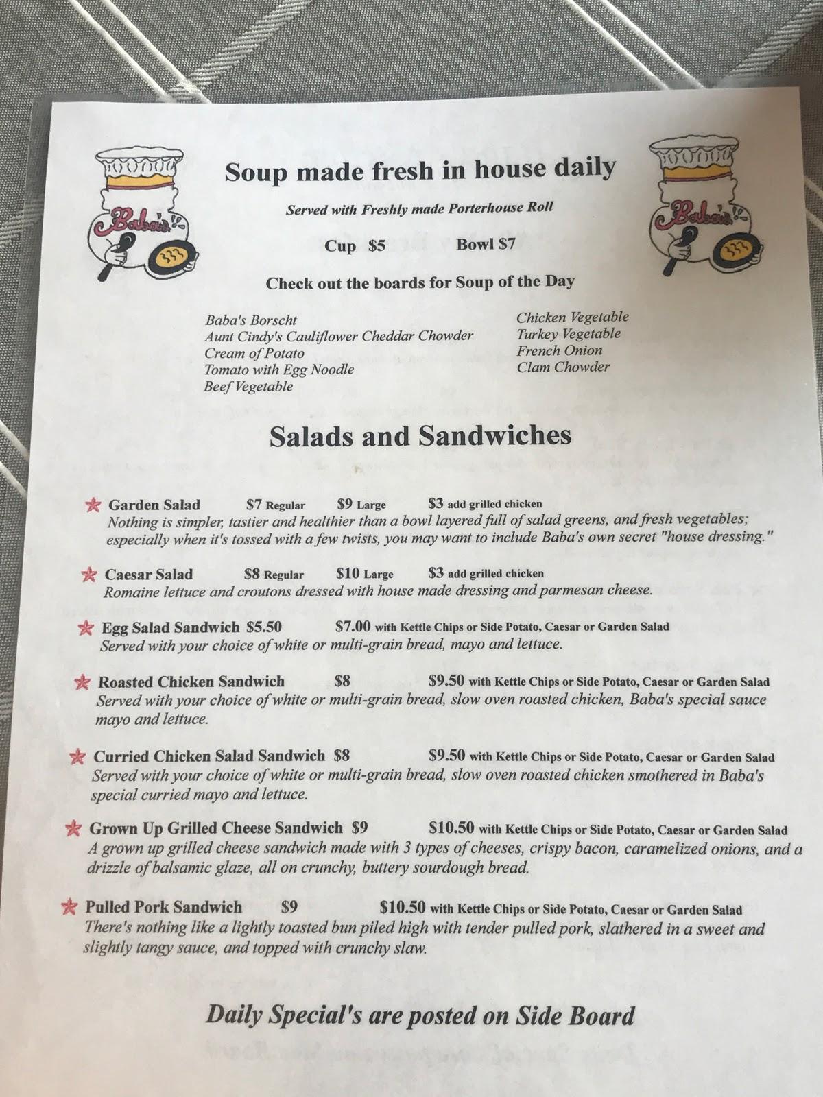 Menu at Baba's Kitchen restaurant, Central Bedeque