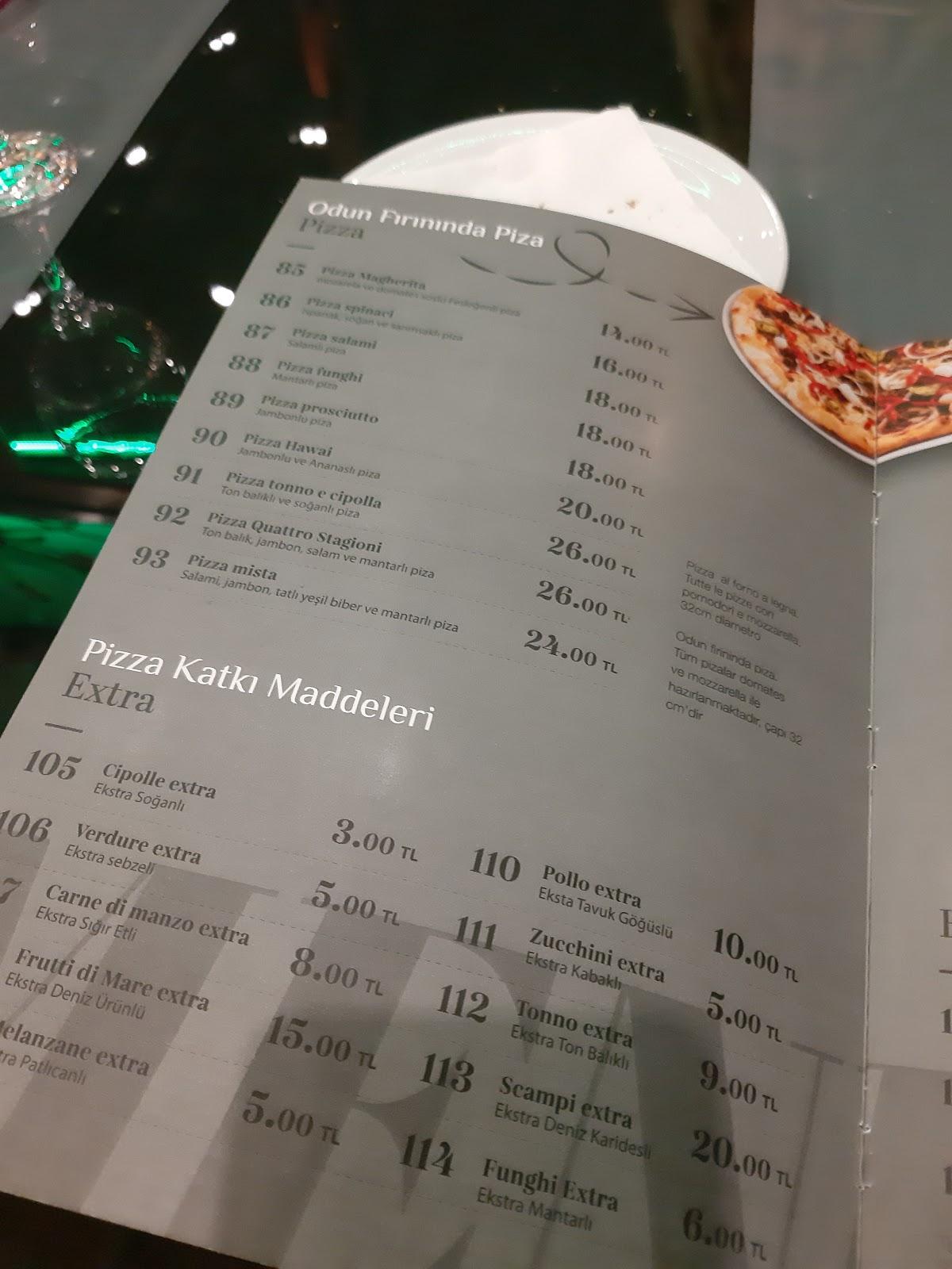 Menu at Bella Italia, Mersin