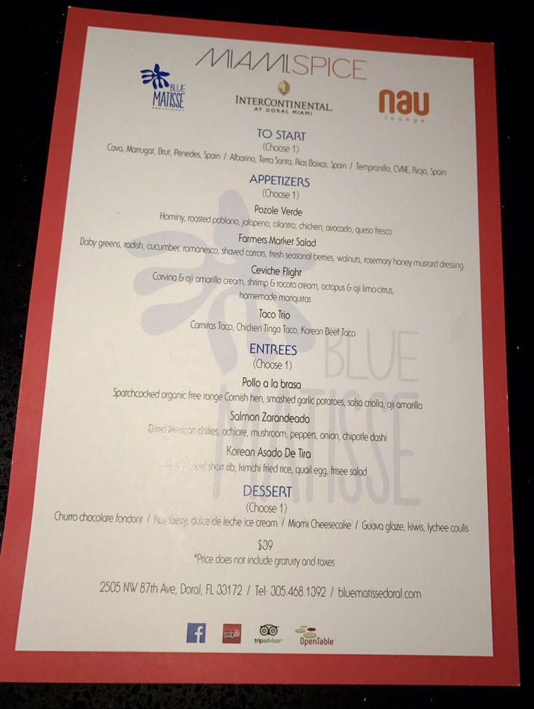 Carta del restaurante Blue Matisse, Doral