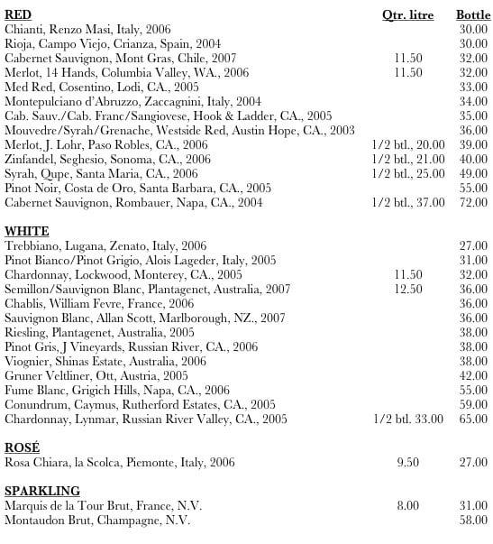 Menu at Joe Allen pub & bar, West New York