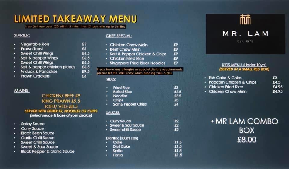 Menu at Mr Lam restaurant, Preston