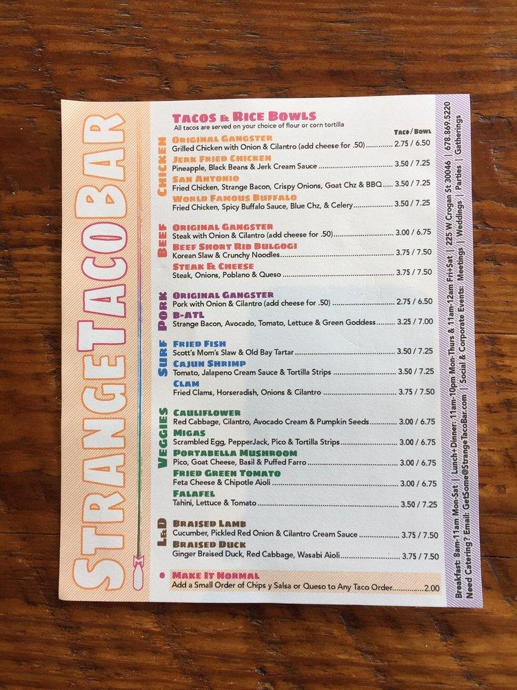 Menu at Strange Taco Bar, Lawrenceville