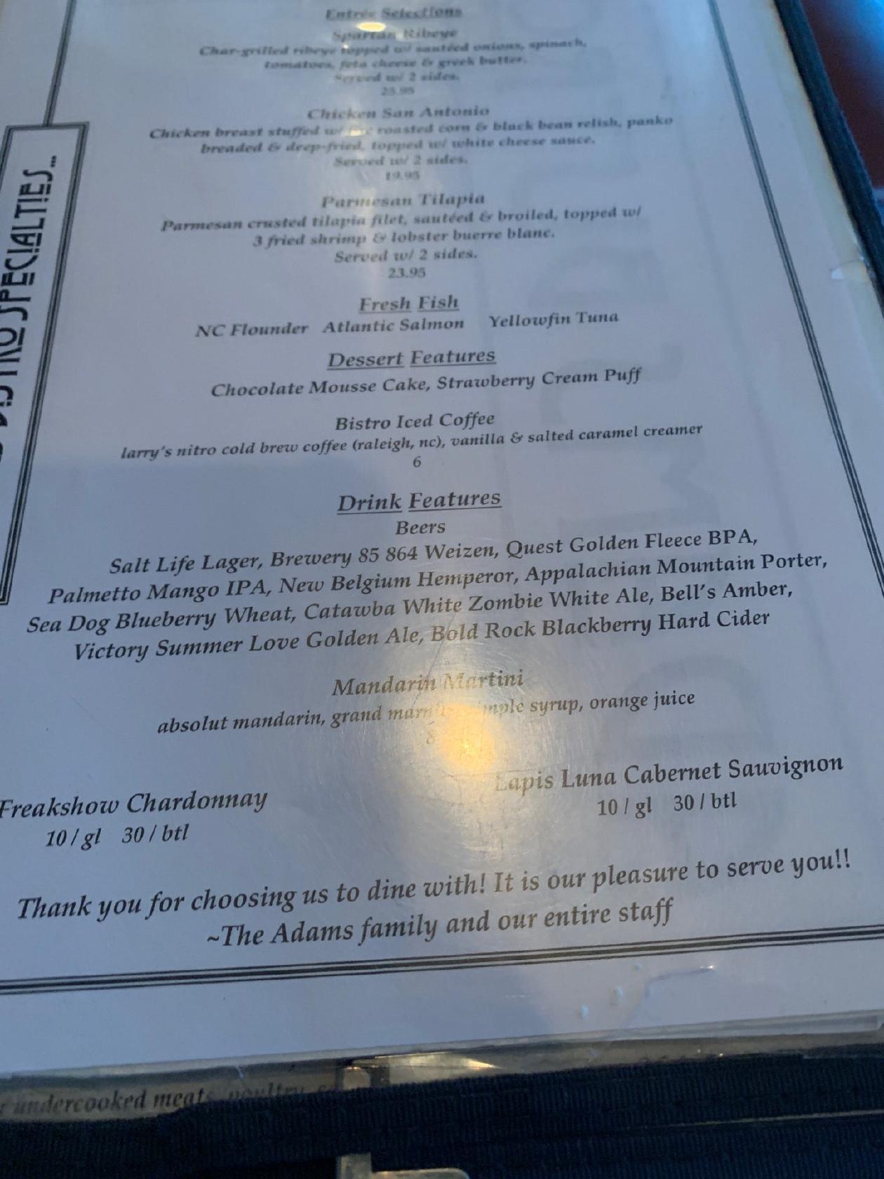 Menu at Adams Bistro steakhouse, Greenville
