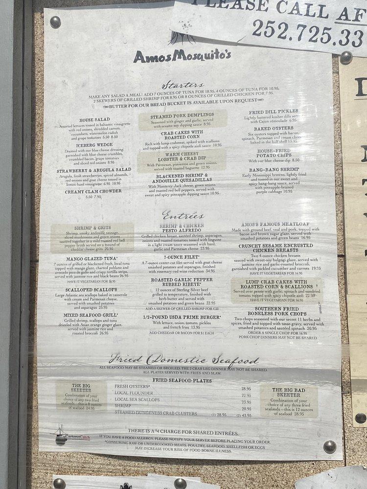 Menu at Amos Mosquito's Restaurant, Atlantic Beach