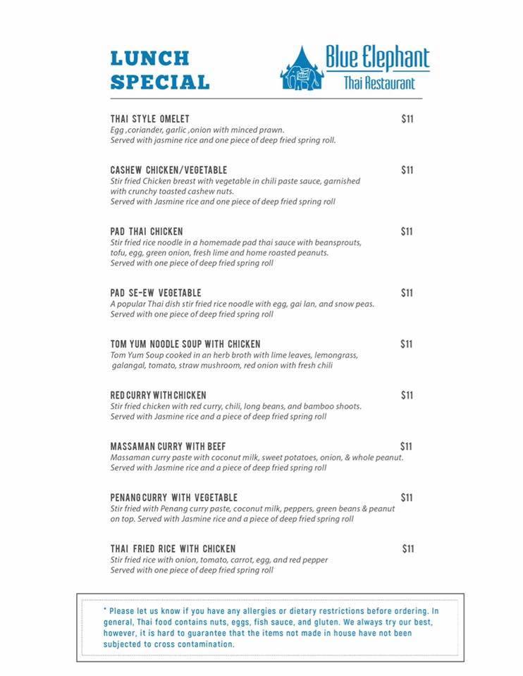 Menu at Blue Elephant Thai Restaurant, Bedford