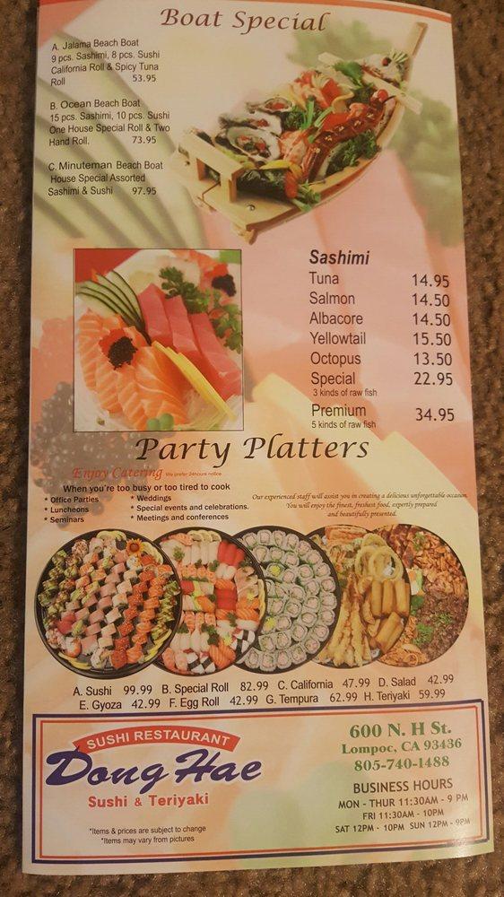 Menu at Dong Hae Sushi restaurant, Lompoc