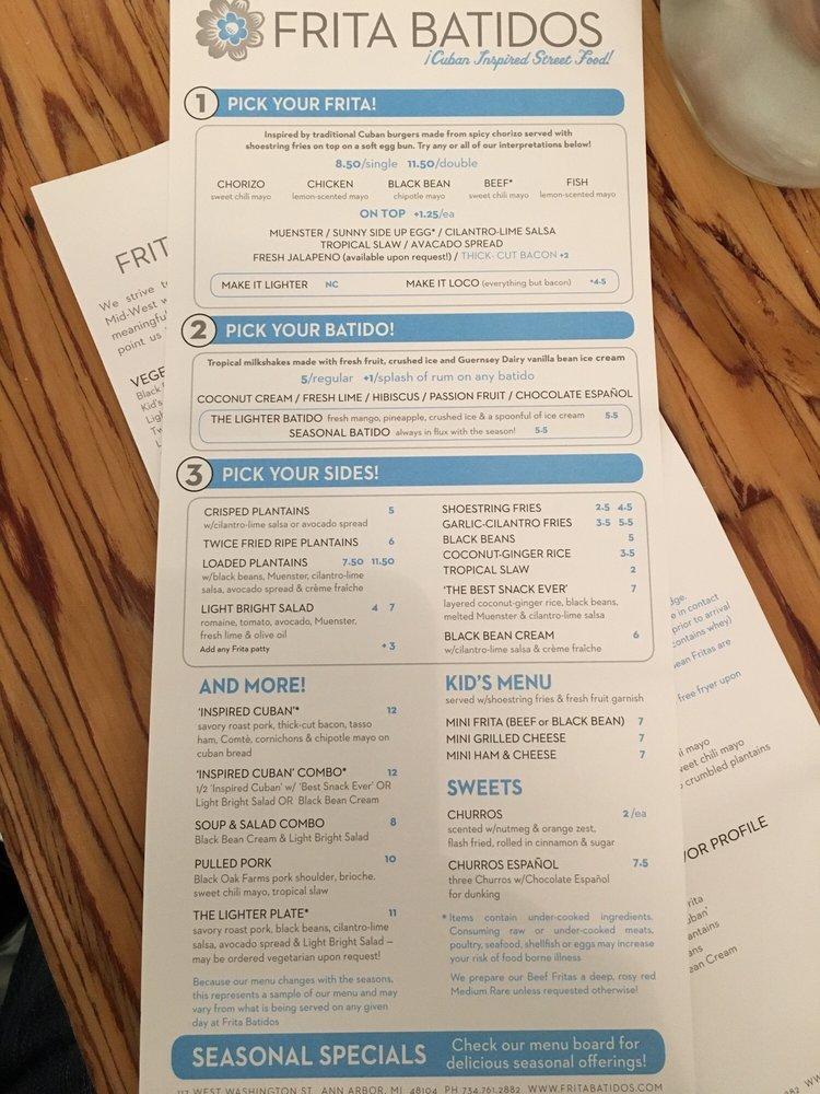 Menu at Frita Batidos Ann Arbor restaurant, Ann Arbor