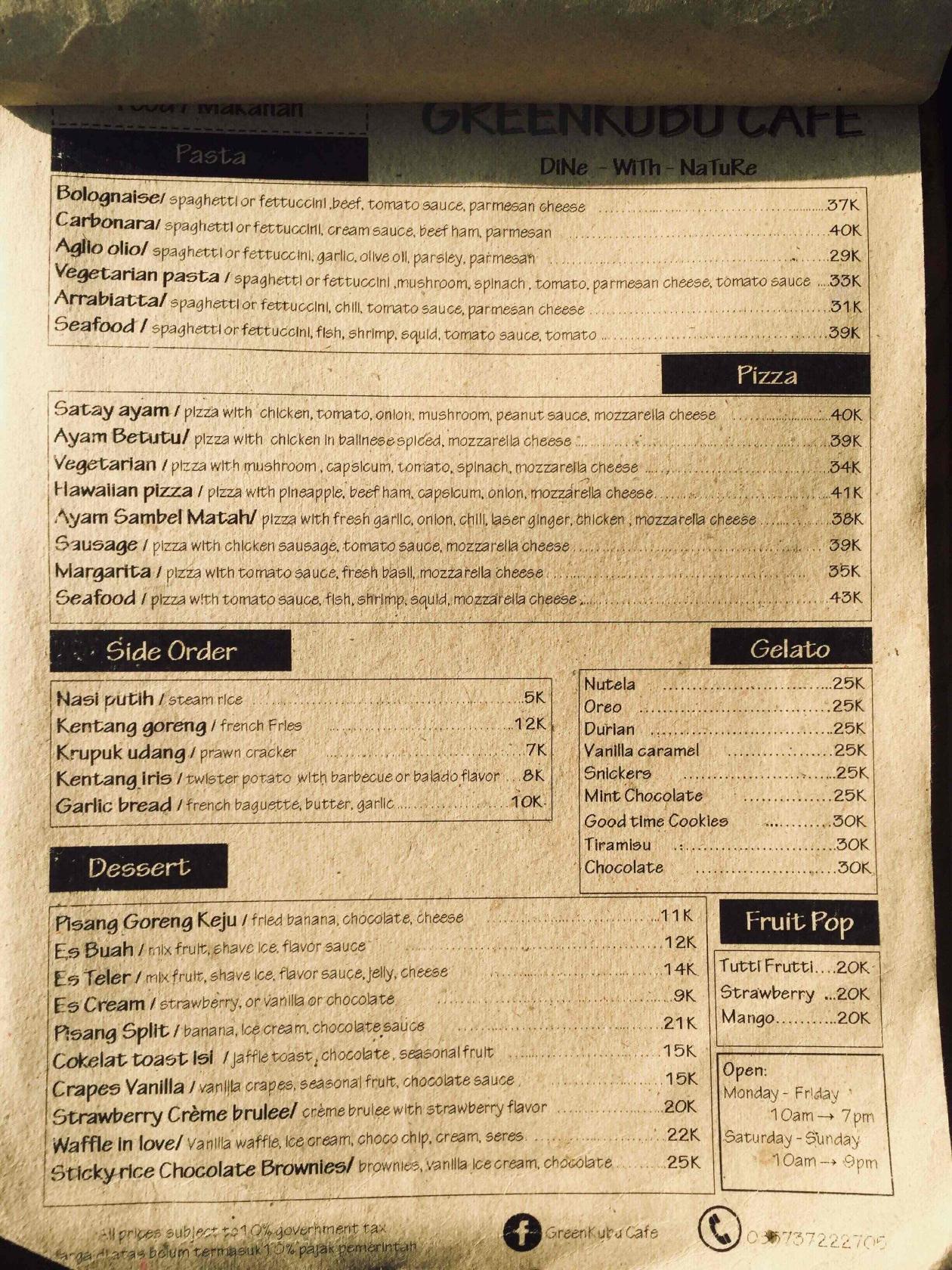 Menu at Green Kubu Cafe, Tegalalang