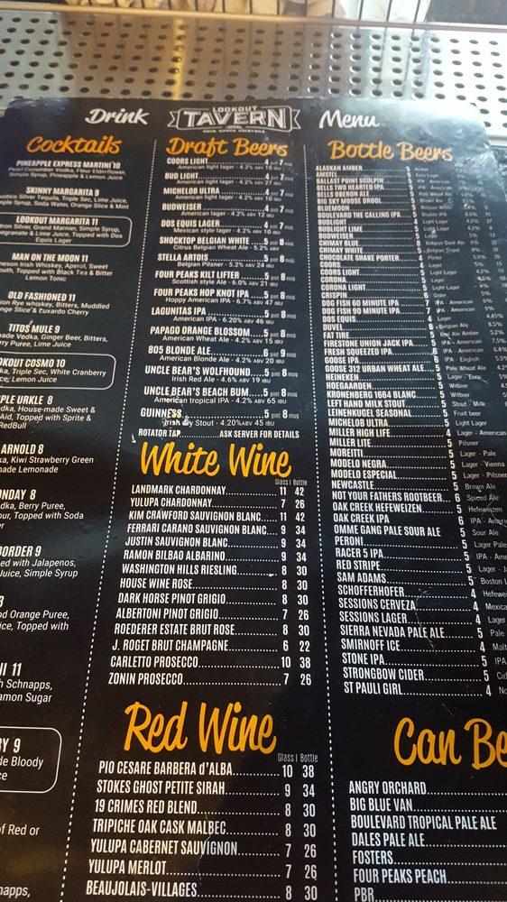 Menu at Lookout Tavern pub & bar, Phoenix