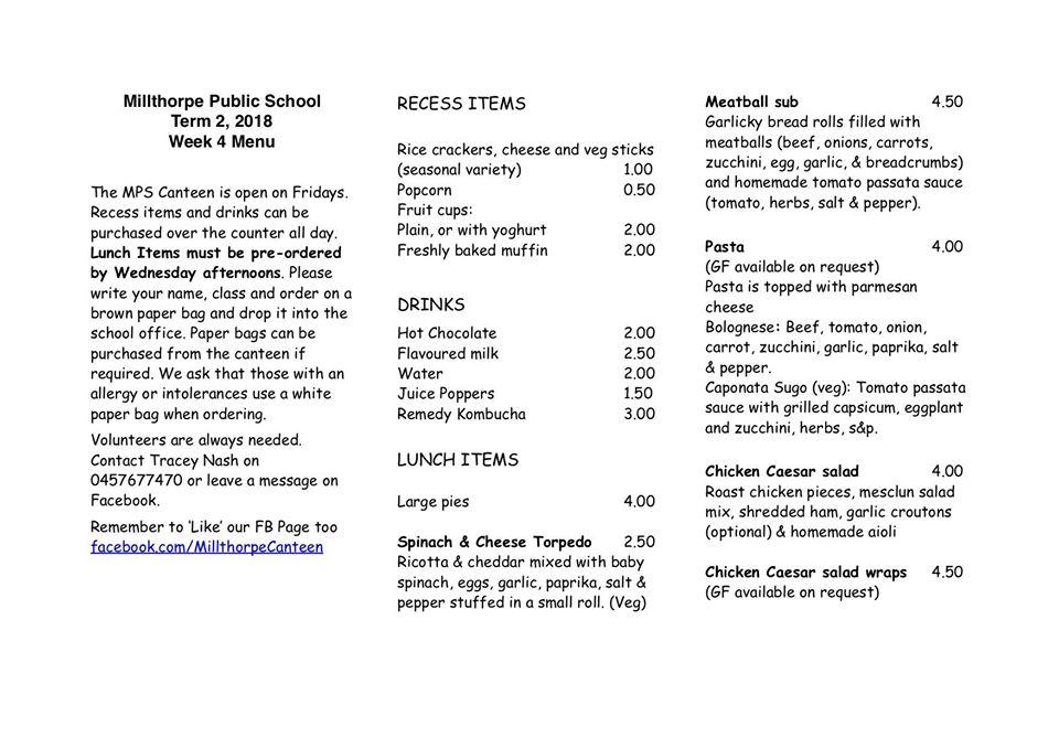 Menu at Millthorpe PS Canteen cafeteria, Millthorpe