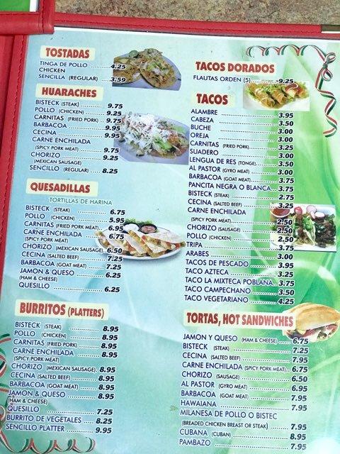 Carta del restaurante Mixteca Poblana, Bayonne