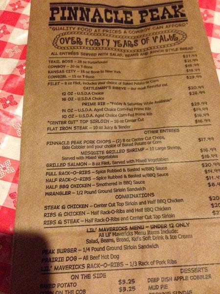 Menu at Pinnacle Peak Steakhouse, Colton, S La Cadena Dr