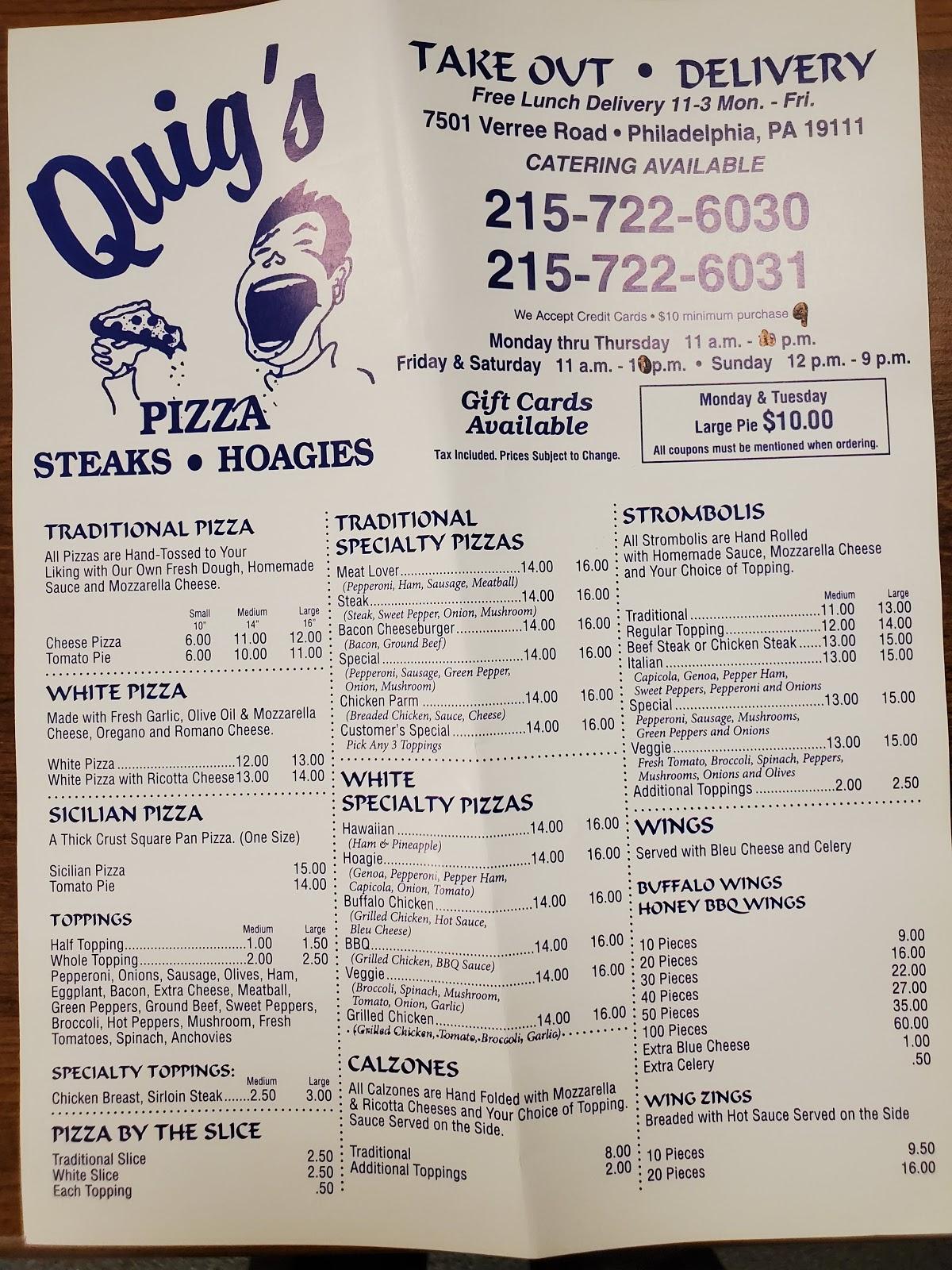 Menu at Quig's Pizza Steaks & Hoagie's pizzeria, Philadelphia