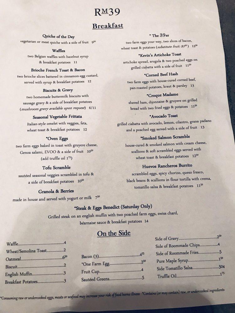 Menu at Room 39 restaurant, Kansas City