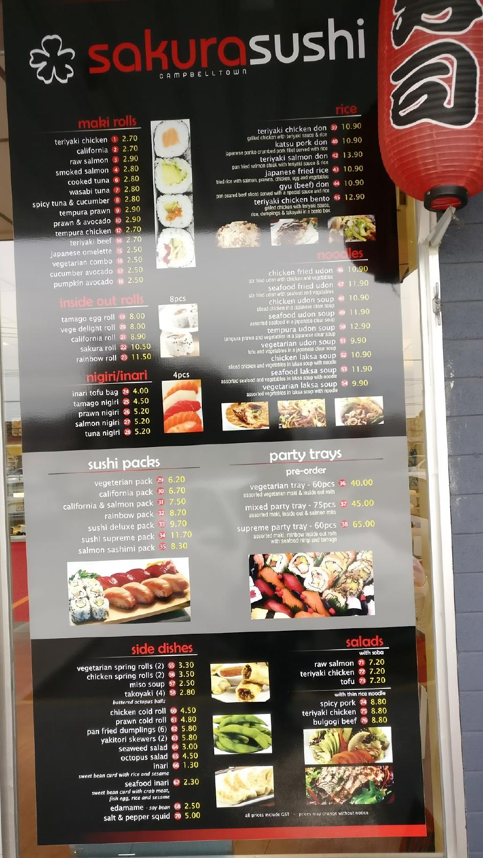 Menu at Sakura Sushi restaurant, Campbelltown
