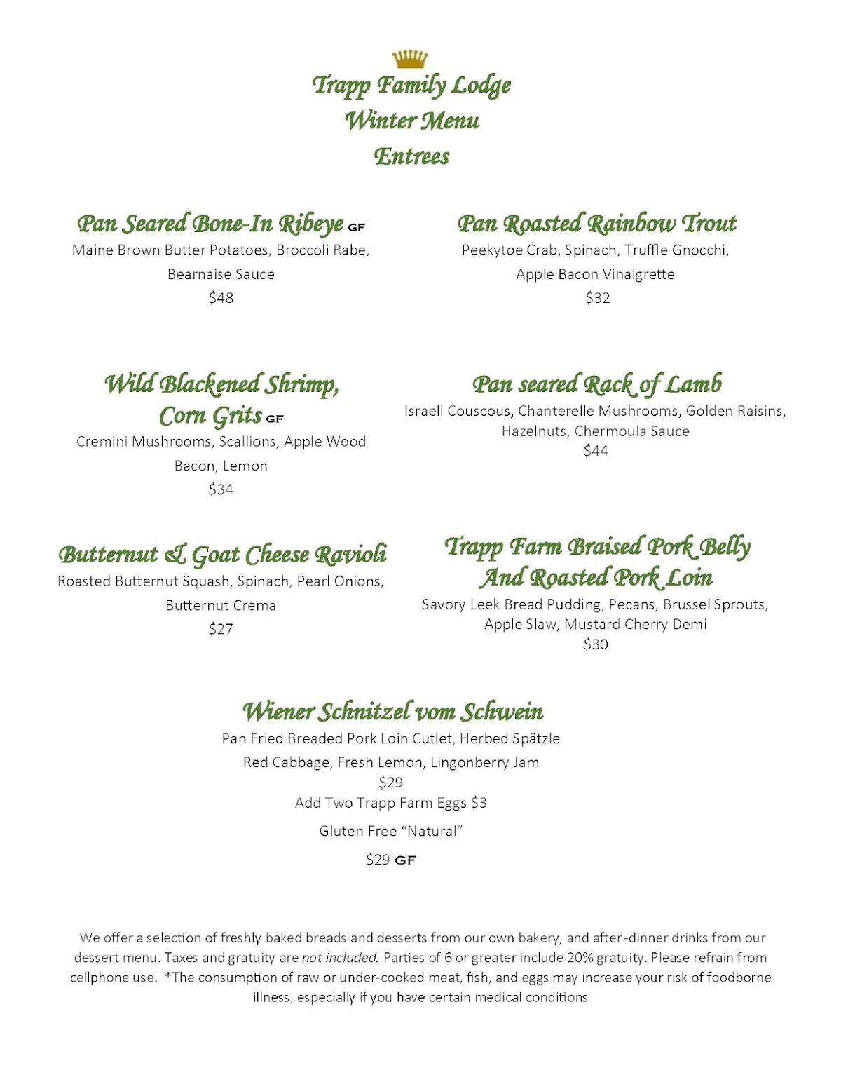 Menu at Trapp Family Lodge restaurant, Stowe, 700 Trapp Hill Rd