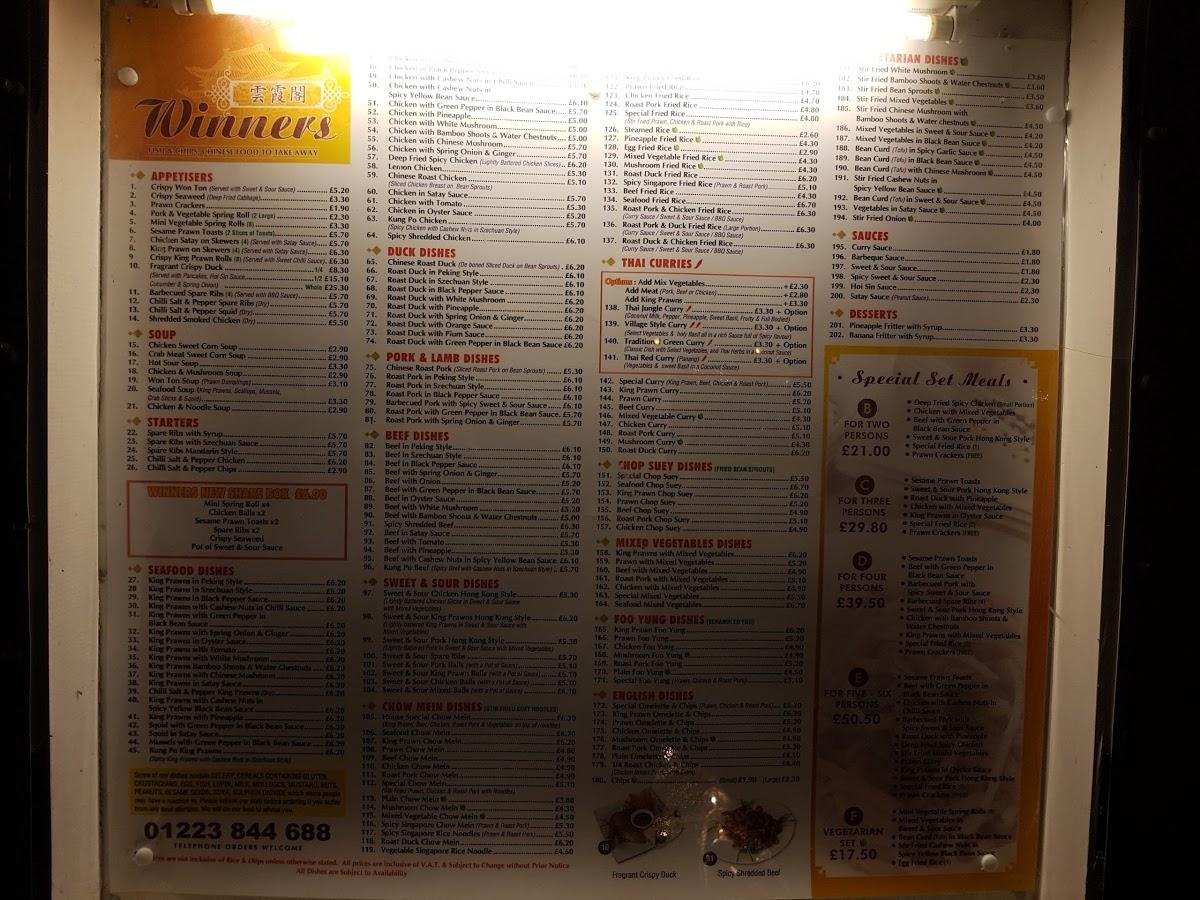Menu at Winners fast food, Cambridge, 15 Church St