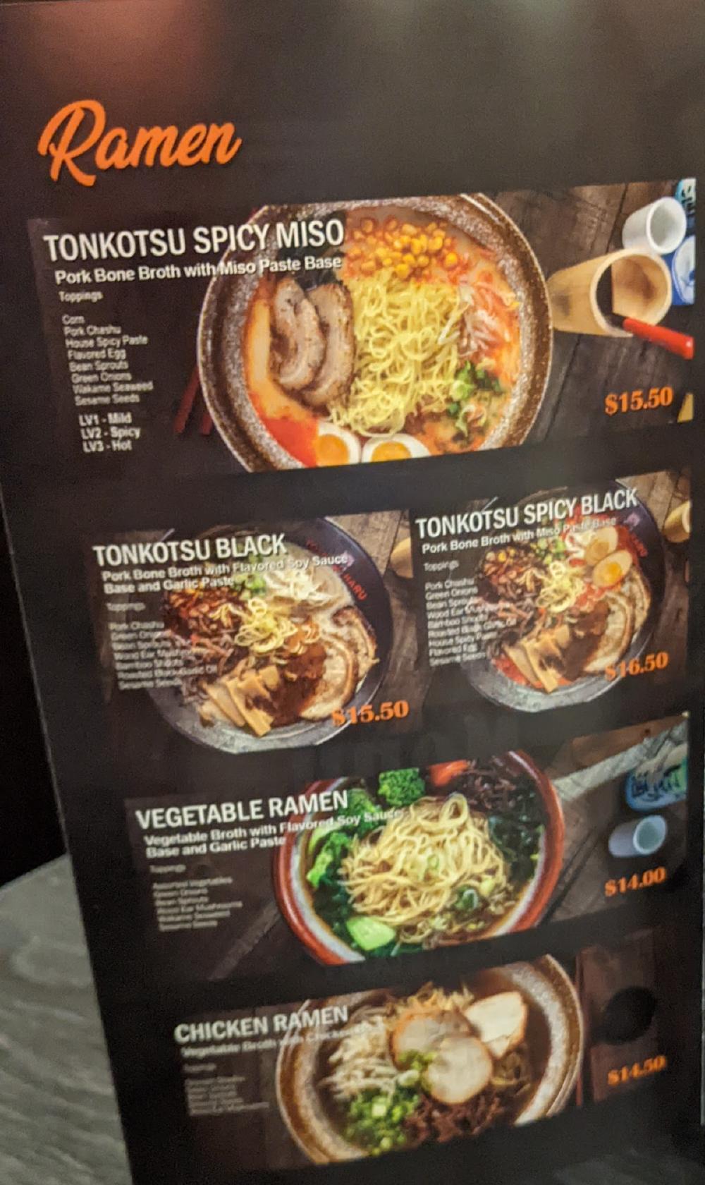 Menu at Yoshiharu Ramen restaurant, La Mirada
