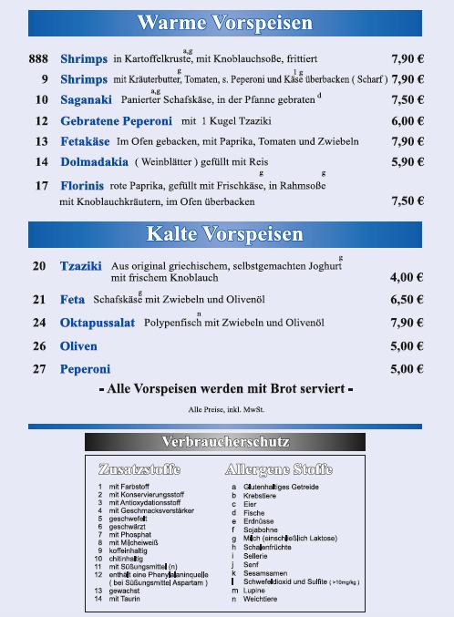 Menu at Hellas restaurant, Sulingen