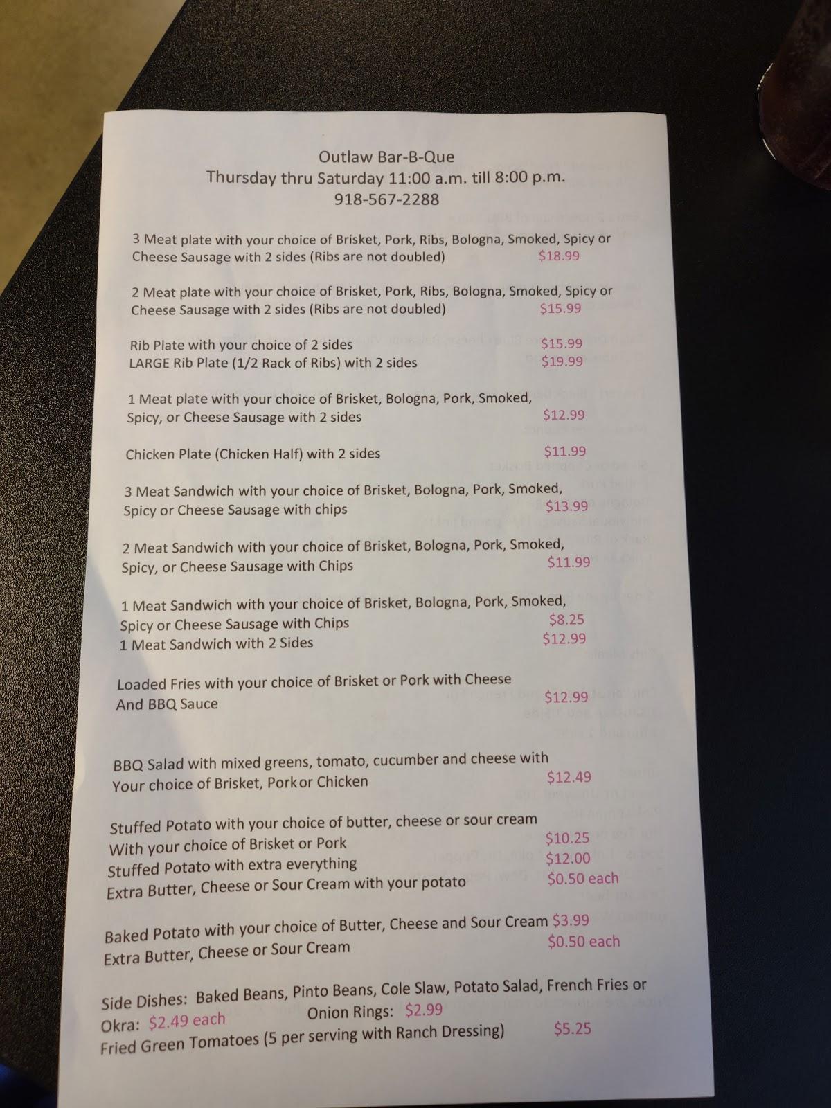 Menu at Outlaw BBQ, Talihina