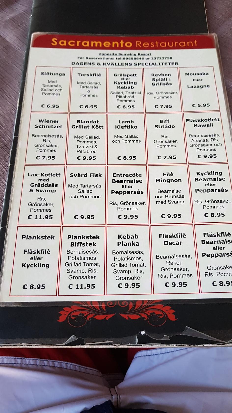Menu at Sacramento Restaurant, Ayia Napa