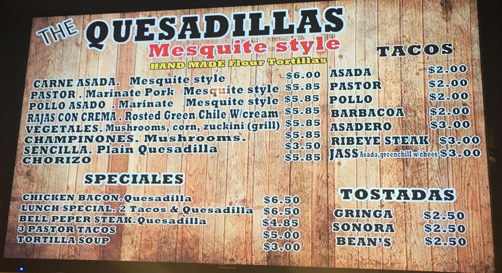 Menu at The Quesadillas restaurant, Tucson