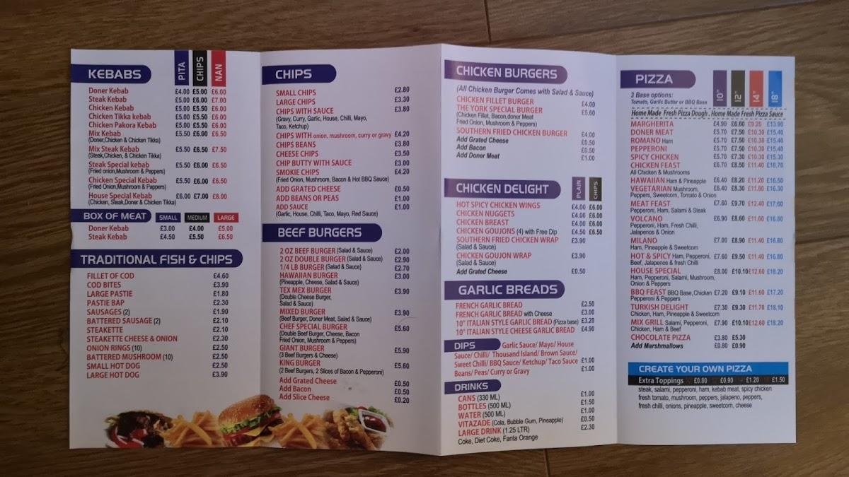 Menu at The York restaurant, Belfast