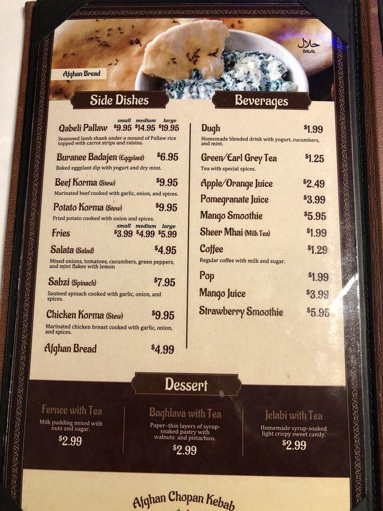Menu at Afghan Chopan Kebab restaurant, Edmonton