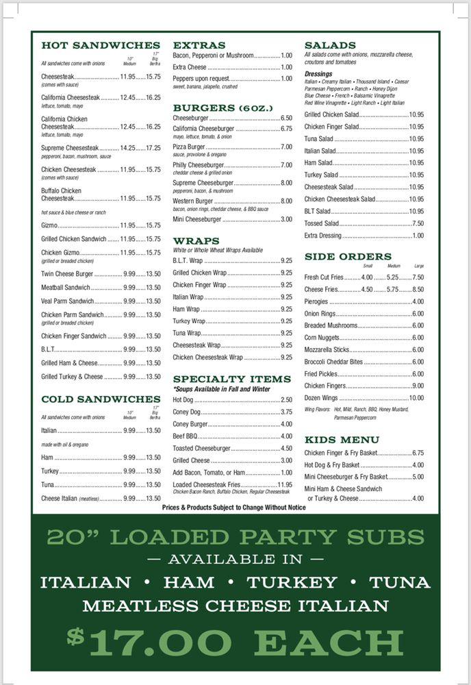 Menu at Big Bertha's Grill restaurant, Sinking Spring