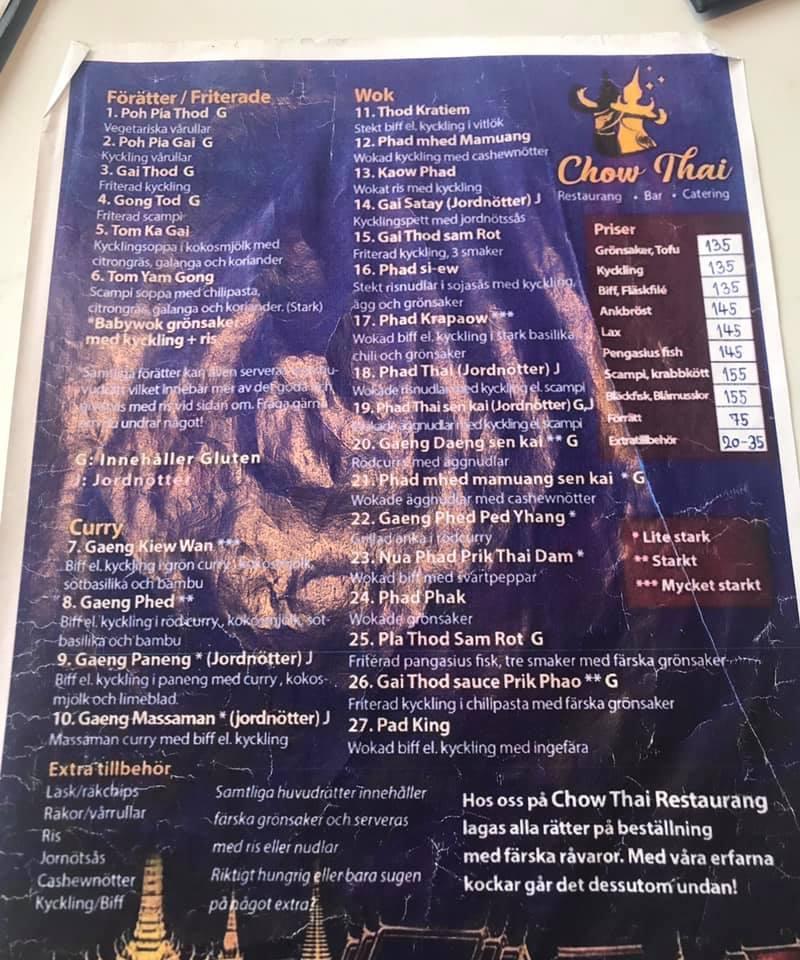 Menu at Chow Thai Restaurang restaurant, Stockholm