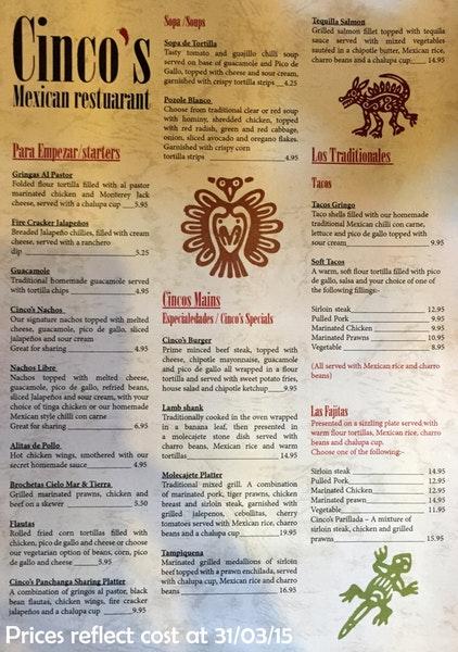 Menu at Cinco's Mexican Restaurant, Poulton-le-Fylde