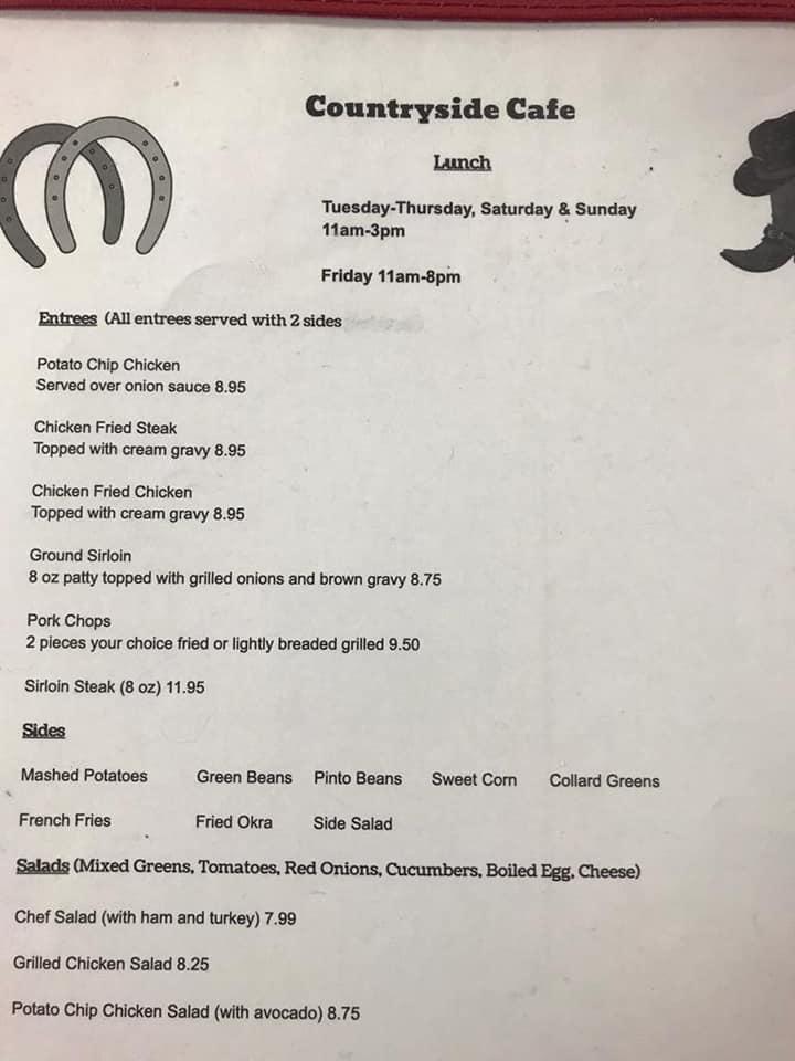 Menu at Countryside Cafe, Mexia