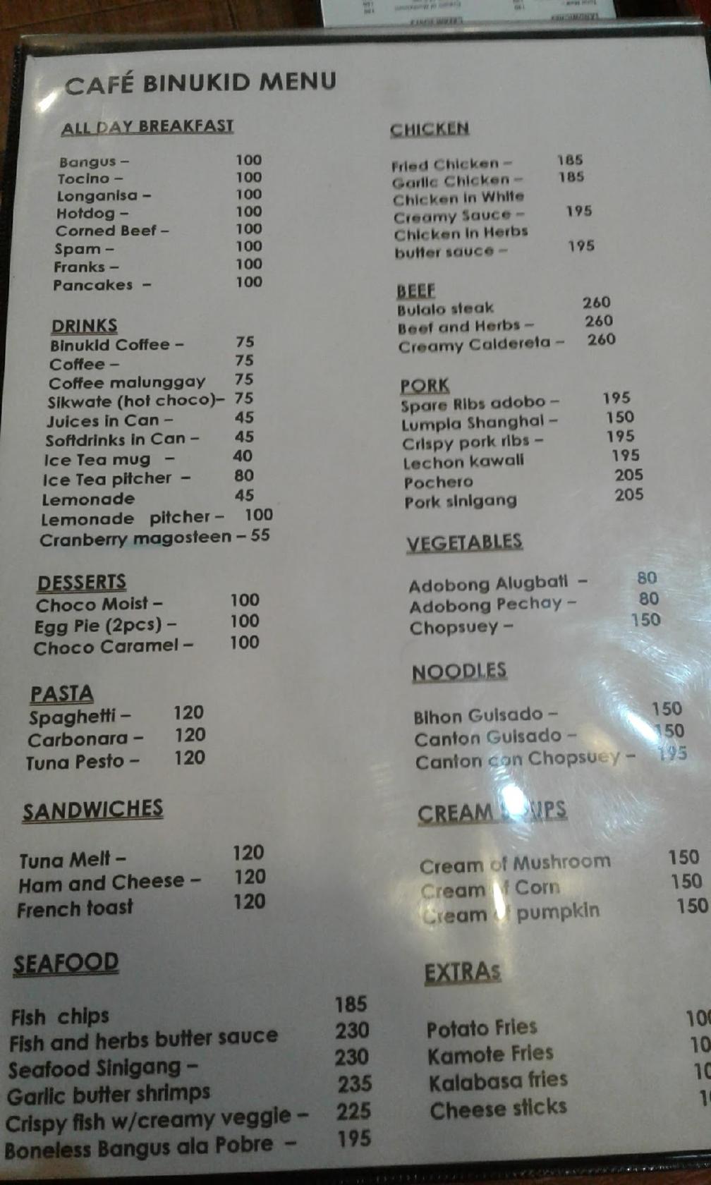 Menu at Highway 81 cafe, Davao City
