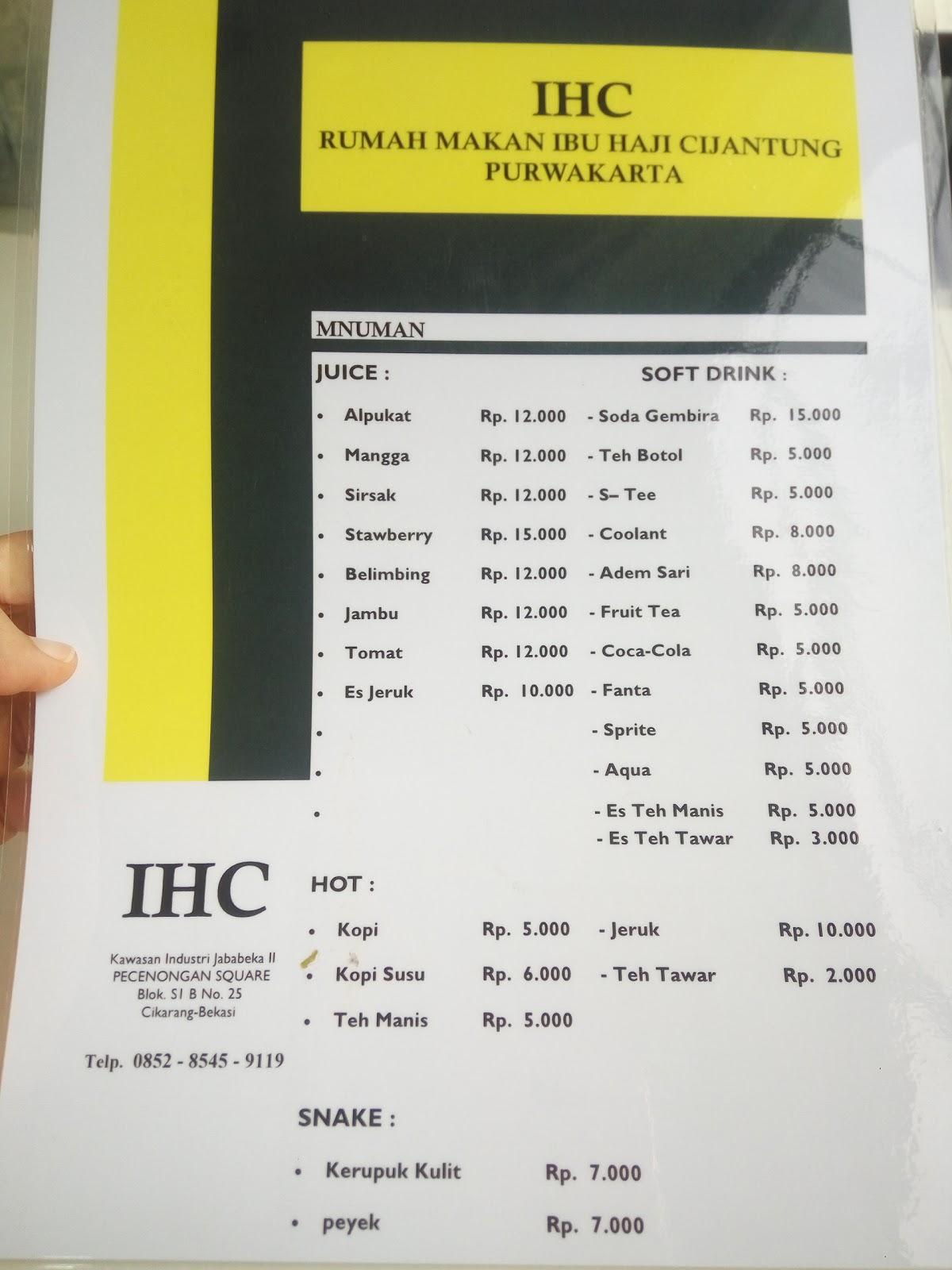 Menu at IHC RM. Ibu Haji Cijantung restaurant, Bekasi Regency
