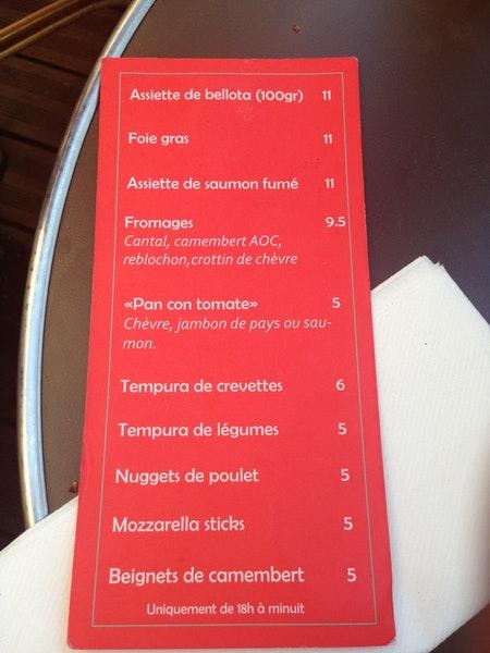 Menu at Le Pavillon pub & bar, Paris, 53 bis avenue de la Motte Picquet