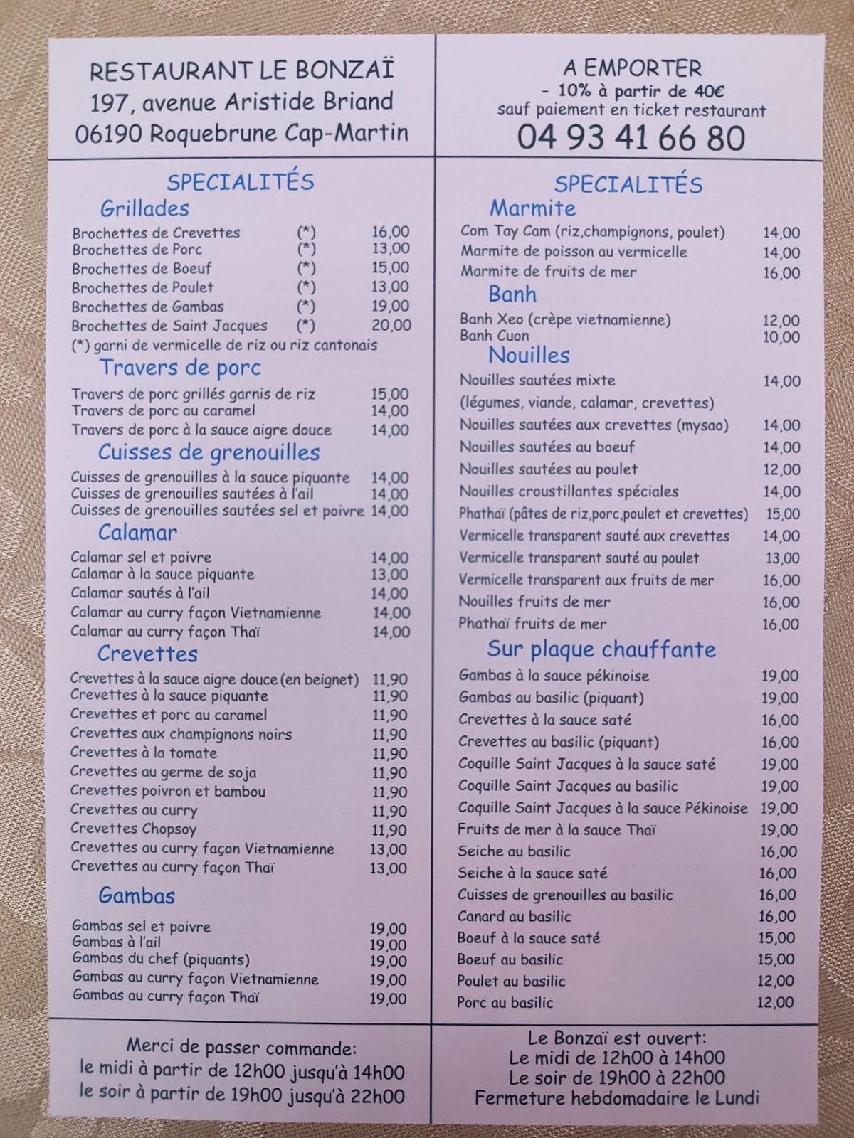 Menu au Le Bonzaï restaurant, Roquebrune-Cap-Martin