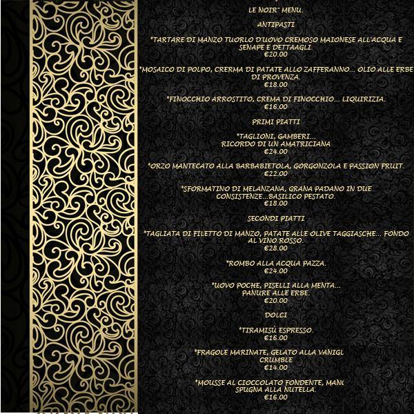 Menu at Le Noir restaurant, Milan