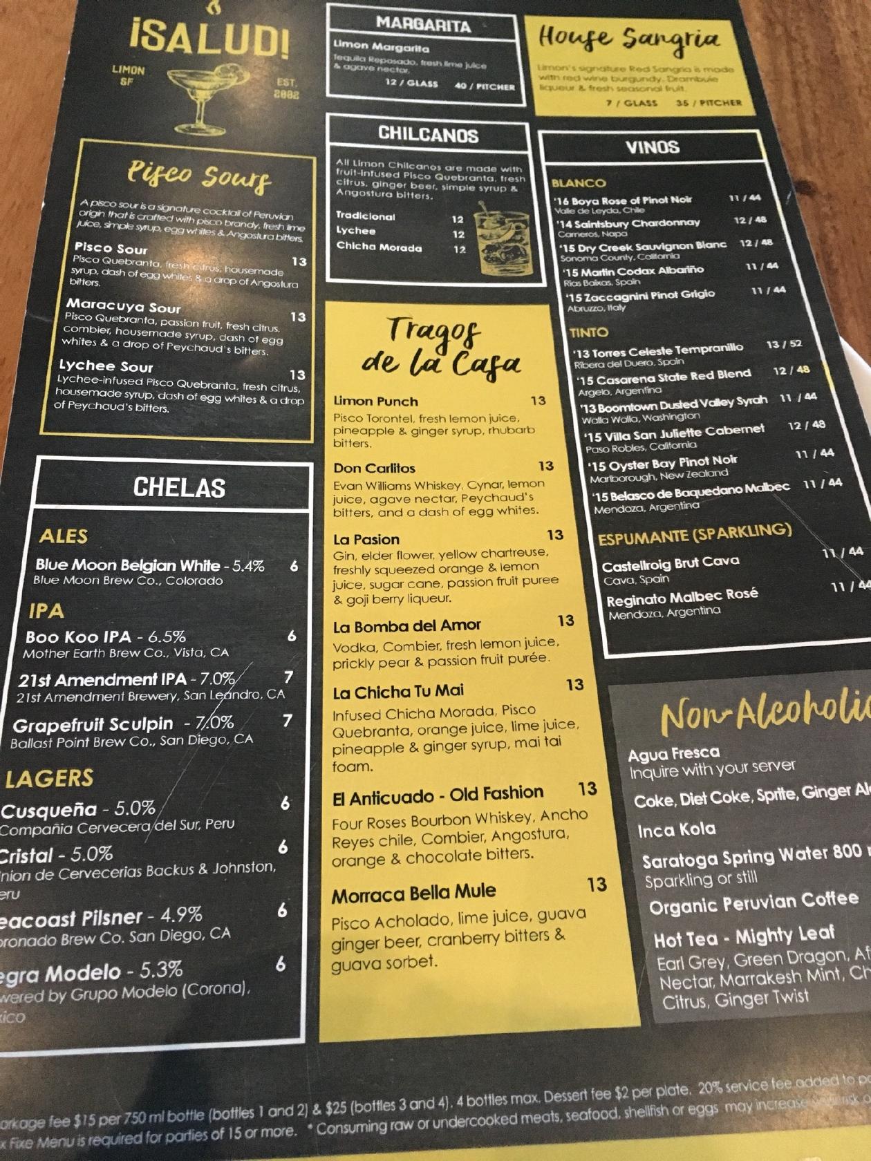Menu at Limón restaurant, Burlingame
