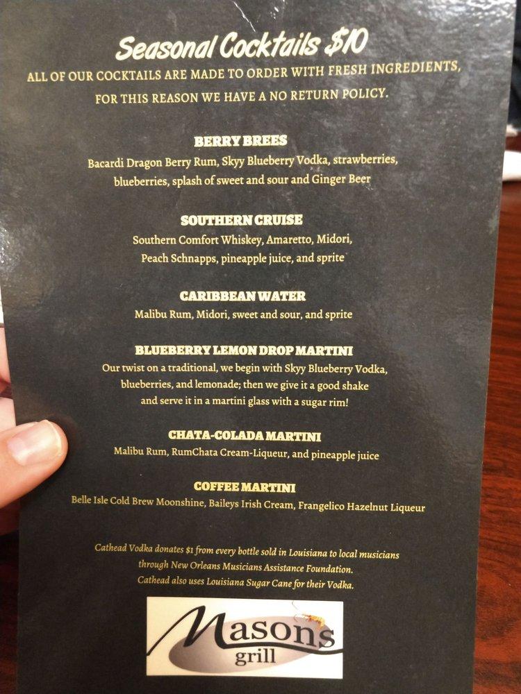 Menu at Mason's Grill restaurant, Baton Rouge