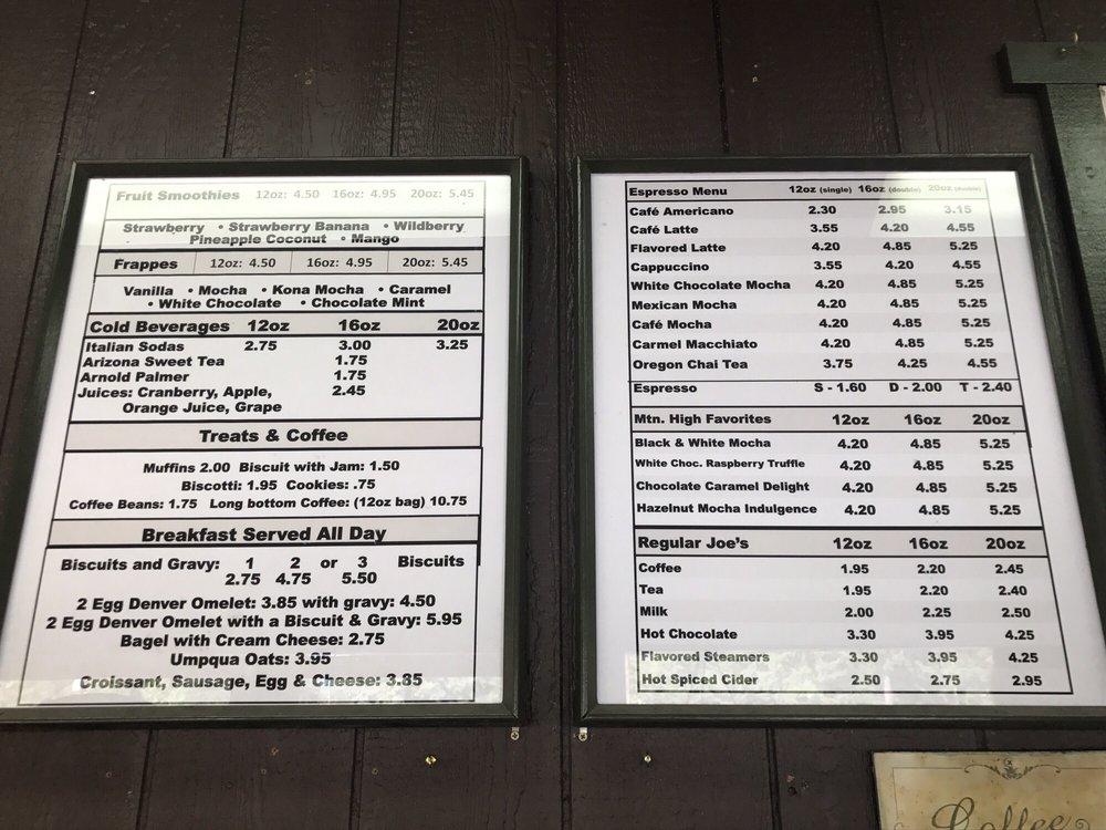Menu at Mtn High Coffee, Mount Hood Village