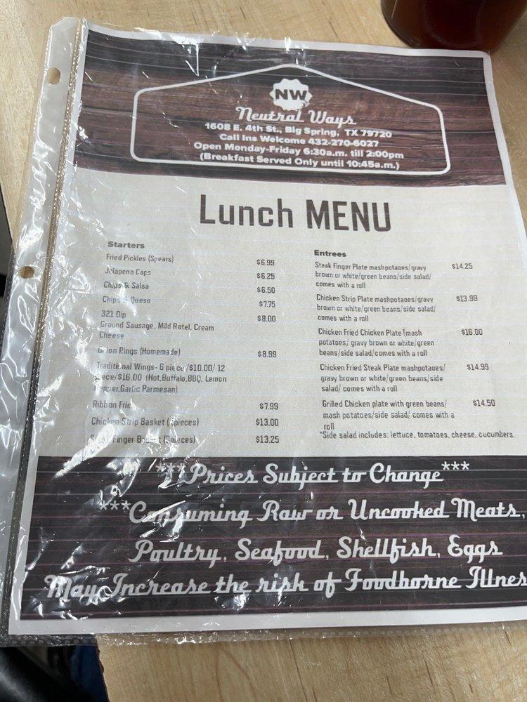 Menu at Neutral Ways restaurant, Big Spring