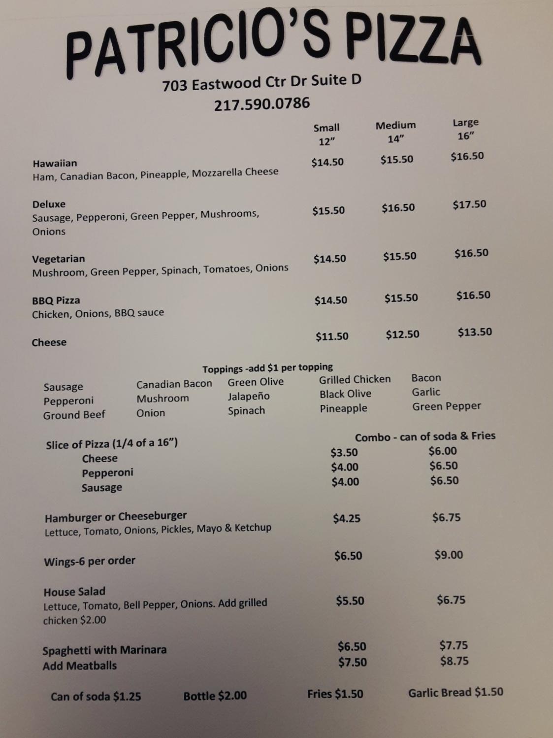 Menu at Patricio's pizza and more pizzeria, Mahomet