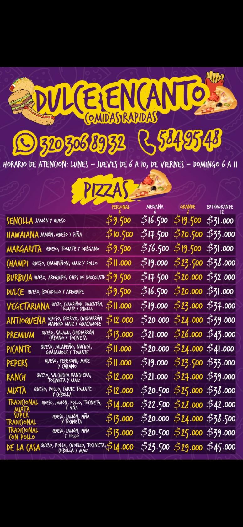 Menu at Pizzeria dulce encanto, Medellín
