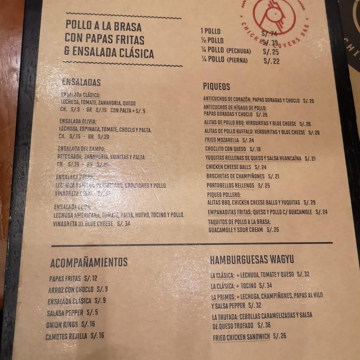 Carta de Primos Chicken Bar La Molina, La Molina